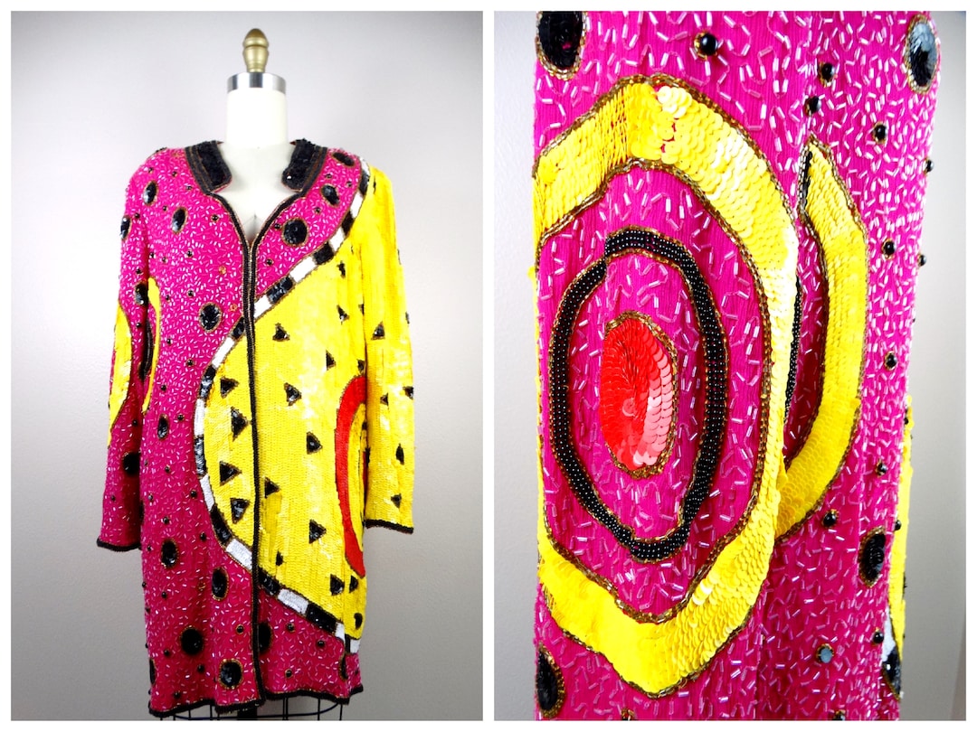 RAD Beaded Long Jacket / Neon Pink and Bright Yellow Retro Glam Sequin ...