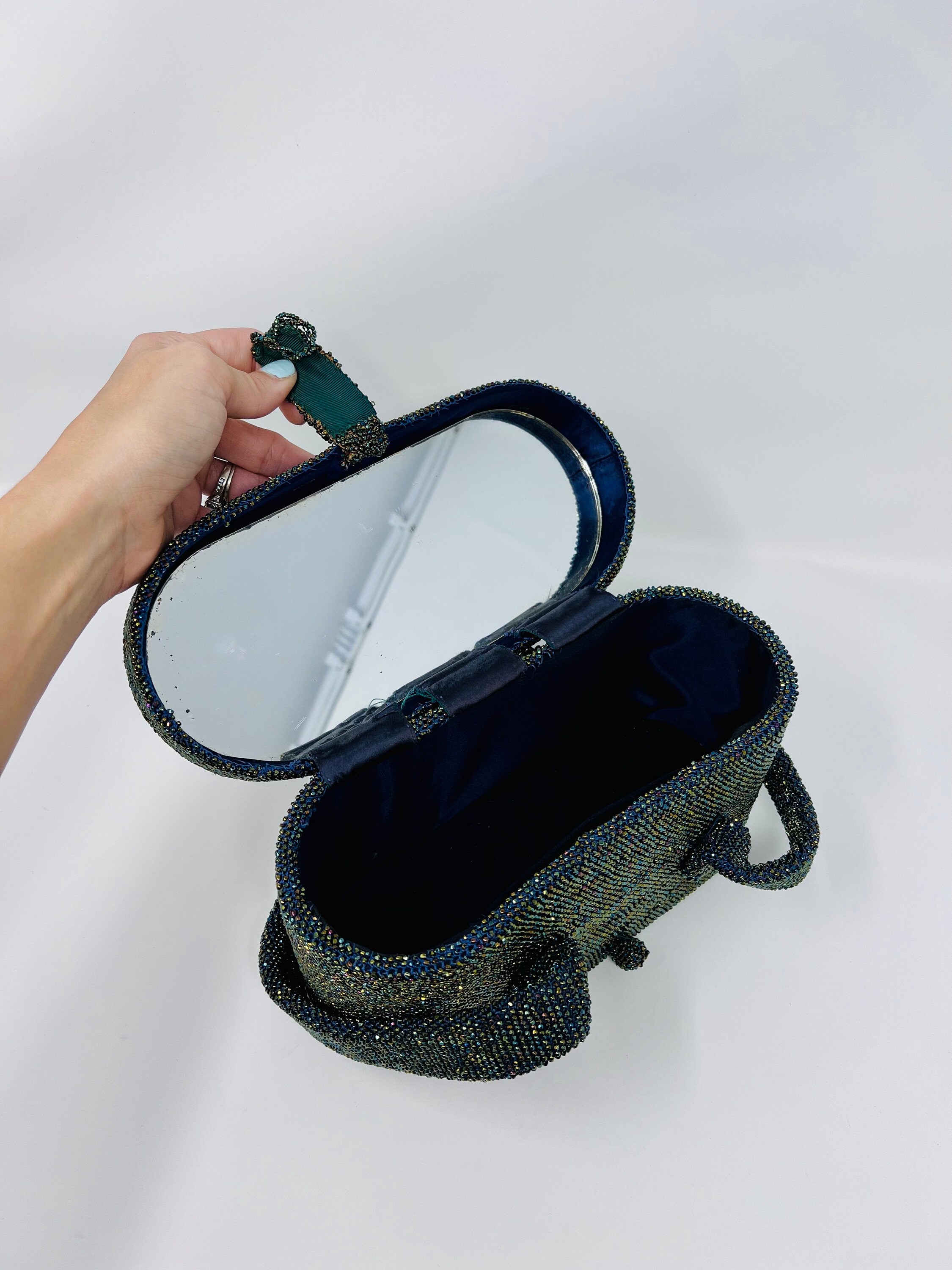30s Micro Glass Bead Embellished Hard Shell Box Purse / 1930's Oval Mid ...