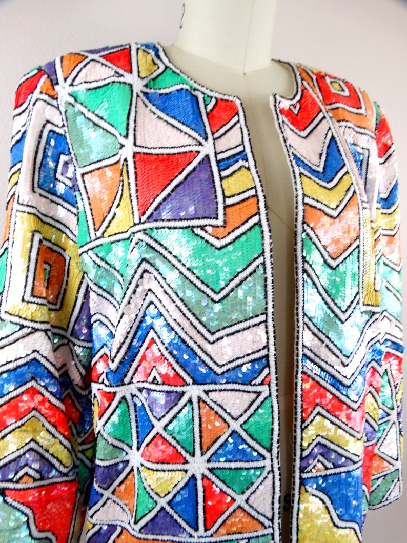 NEON Glam Sequined Beaded Jacket / Bright Color Block Novelty - Etsy