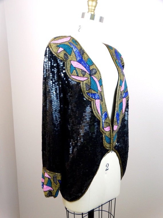 RARE Deco Micro Beaded Deep V Neck Open Top / Black S… - Gem