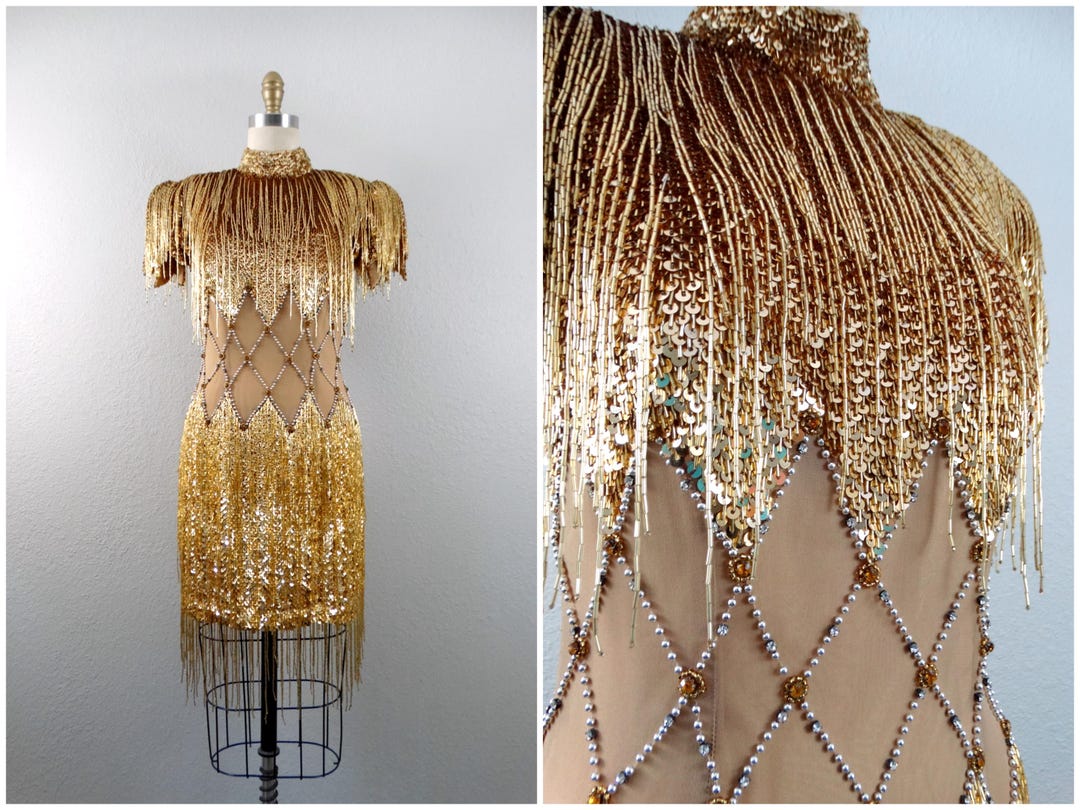 Reserved ** Bob Mackie Fringe Beaded Mini Dress / Gold Heavily Beaded ...