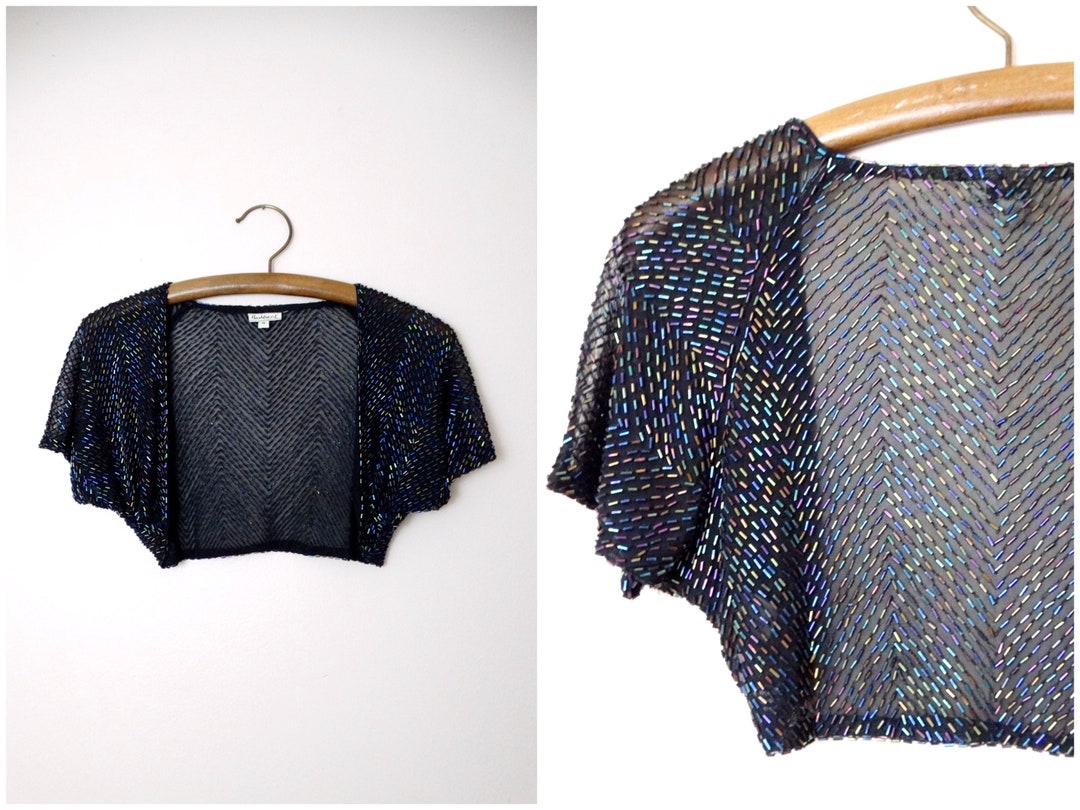 XS/S Sheer Beaded Bolero Top // 90s Y2K Embellished Black Mini Shrug - Etsy