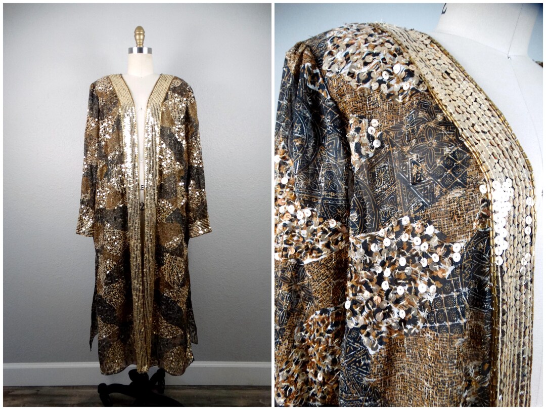 WILD Animal Sequin Duster / Cheetah Print Gold Sequined Long Jacket - Etsy