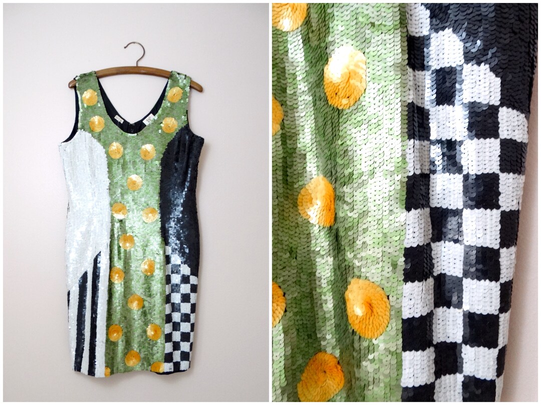80s Retro Sequined Dress / 1980s Black White Checker and Green Yellow ...