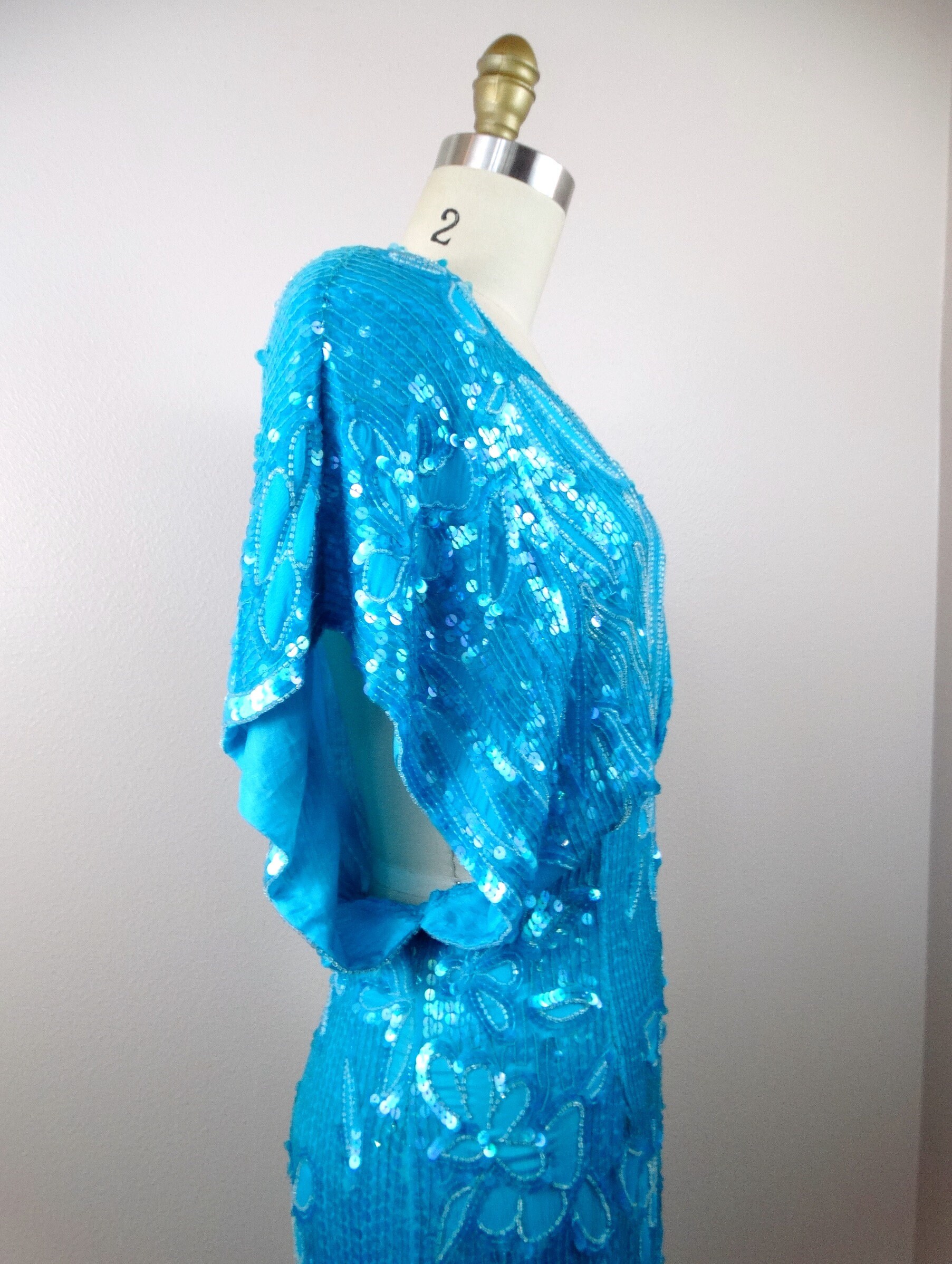 70s Lillie Rubin Blue Sequin Dress / Bright Turquoise Beaded Fringe ...