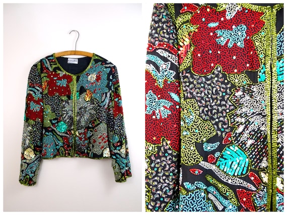 M/L Color Pop Sequin Embroidered Jacket / Abstract Re… - Gem