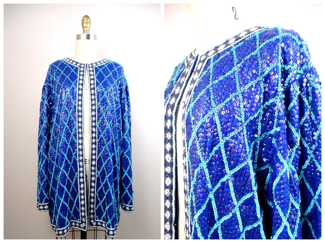 Plus Size Diamond Sequin Beaded Neon Blue Jacket 1x - Etsy
