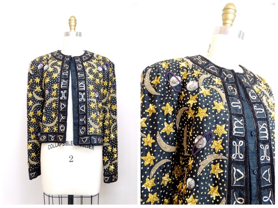 ASTROLOGY Beaded Sequined Jacket // Black & Gold Novelty | Etsy
