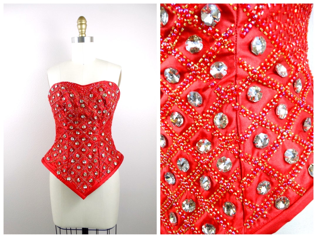 Rhinestone Jewel Beaded Corset Top // Red Glass Beaded Bustier ...