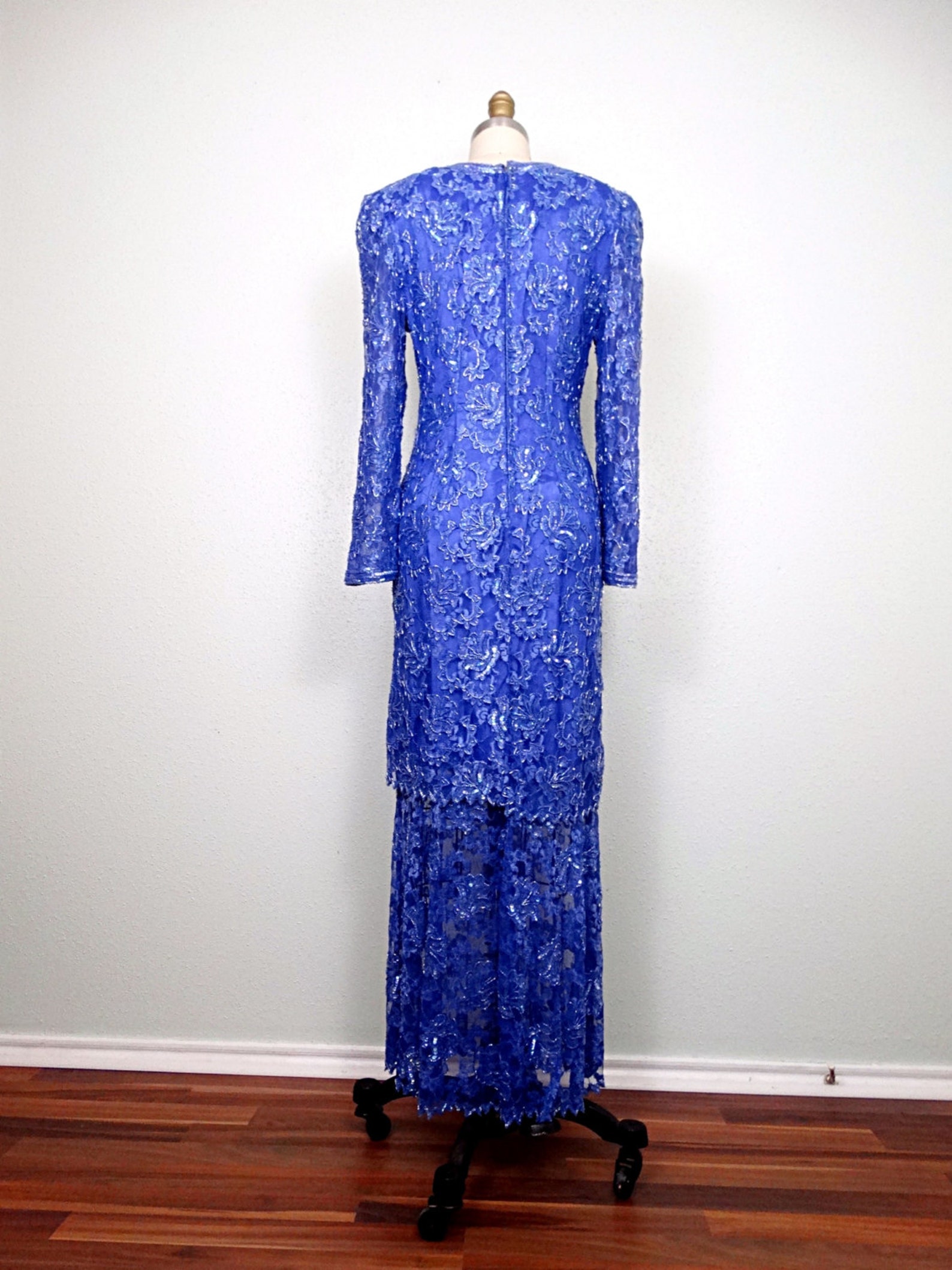 Periwinkle Lace Beaded Sequin Gown / Vintage Mother of the Bride Dress ...