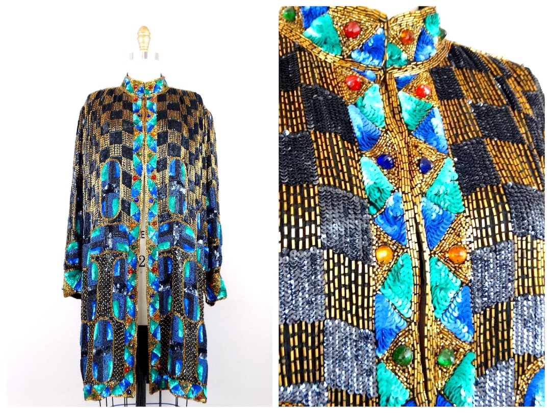 HEAVY Gold Beaded Long Jacket / 80s Checkered Turquoise Green and Teal ...