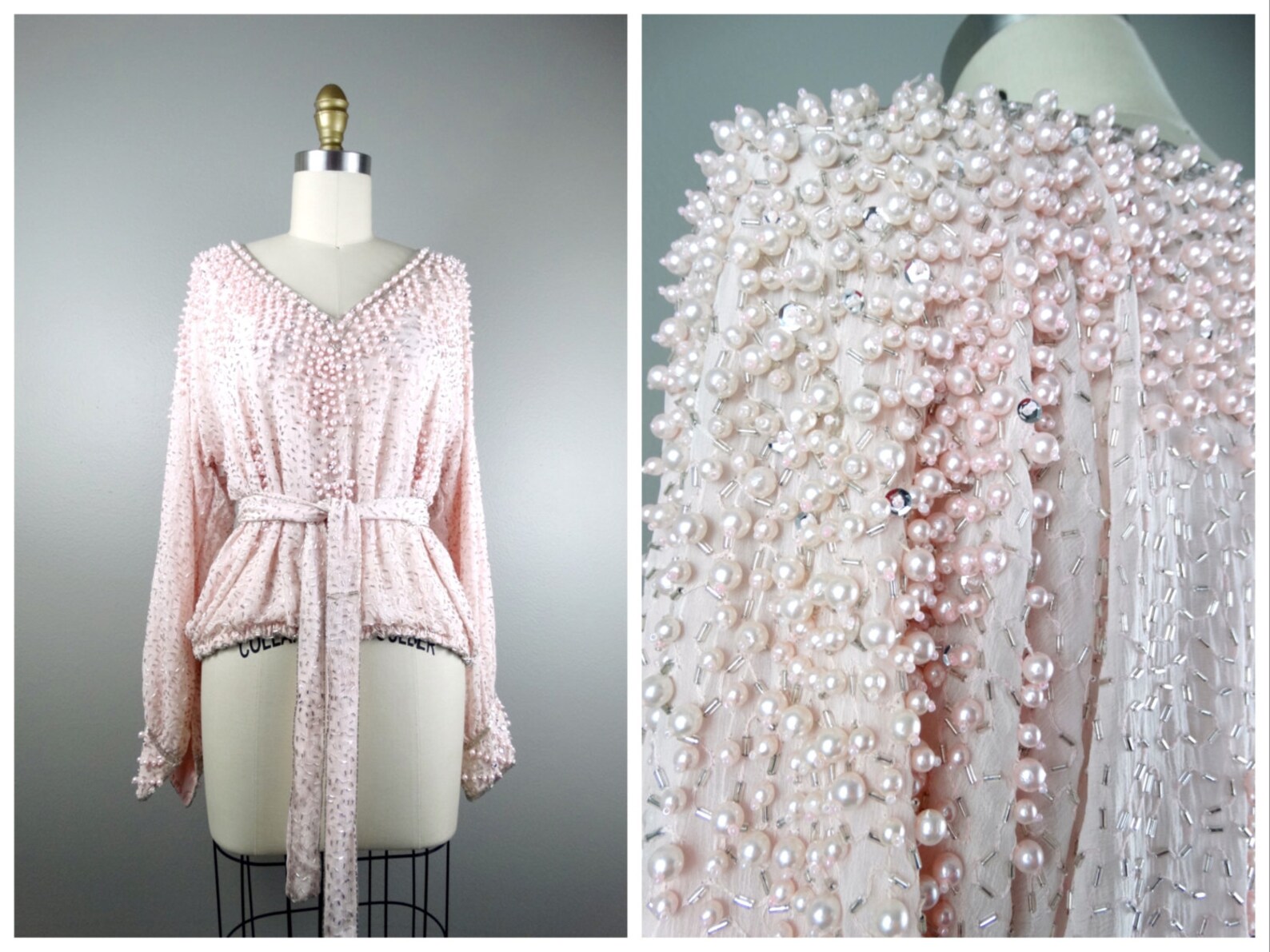 Hand Beaded Pearl Top // Vintage Pink Pearl Silk Beaded Blouse - Etsy