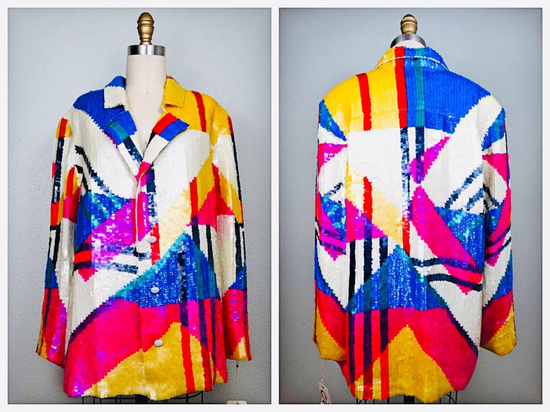 RAD 80s 90s Glam Sequined Jacket / 1990's Retro Colorblock Fully ...