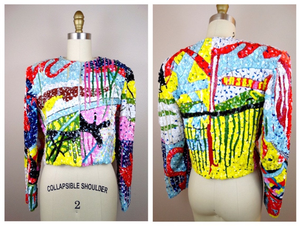 90s Neon Art Sequined Jacket / Graffiti Novelty Beaded Sequin ...