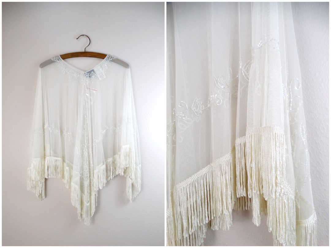 Sheer Beaded Silk Fringe Poncho // Iridescent Embellished Ivory Sequin ...