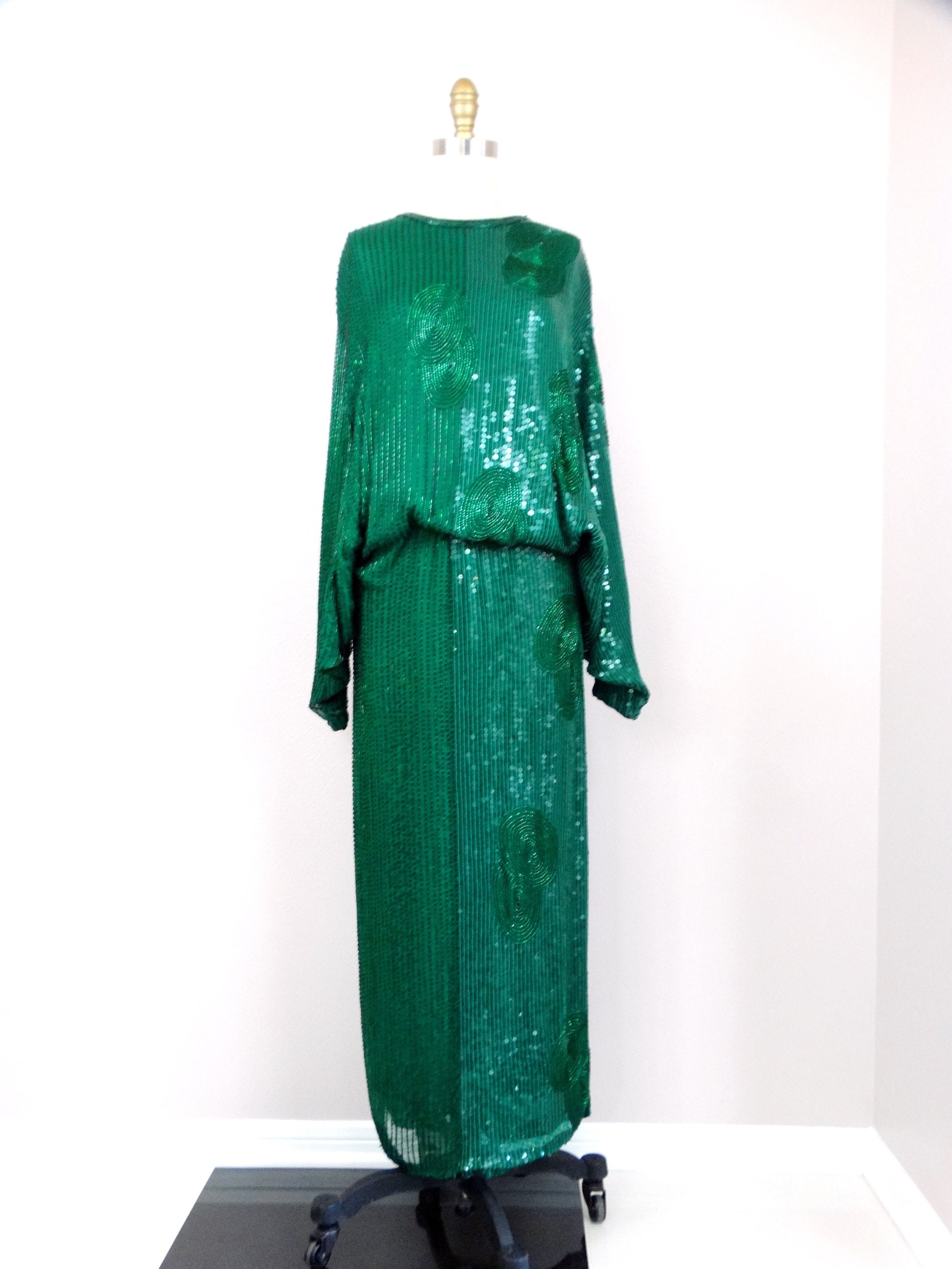 Emerald Green Sequin Beaded Gown / Kelly Green Full Length - Etsy