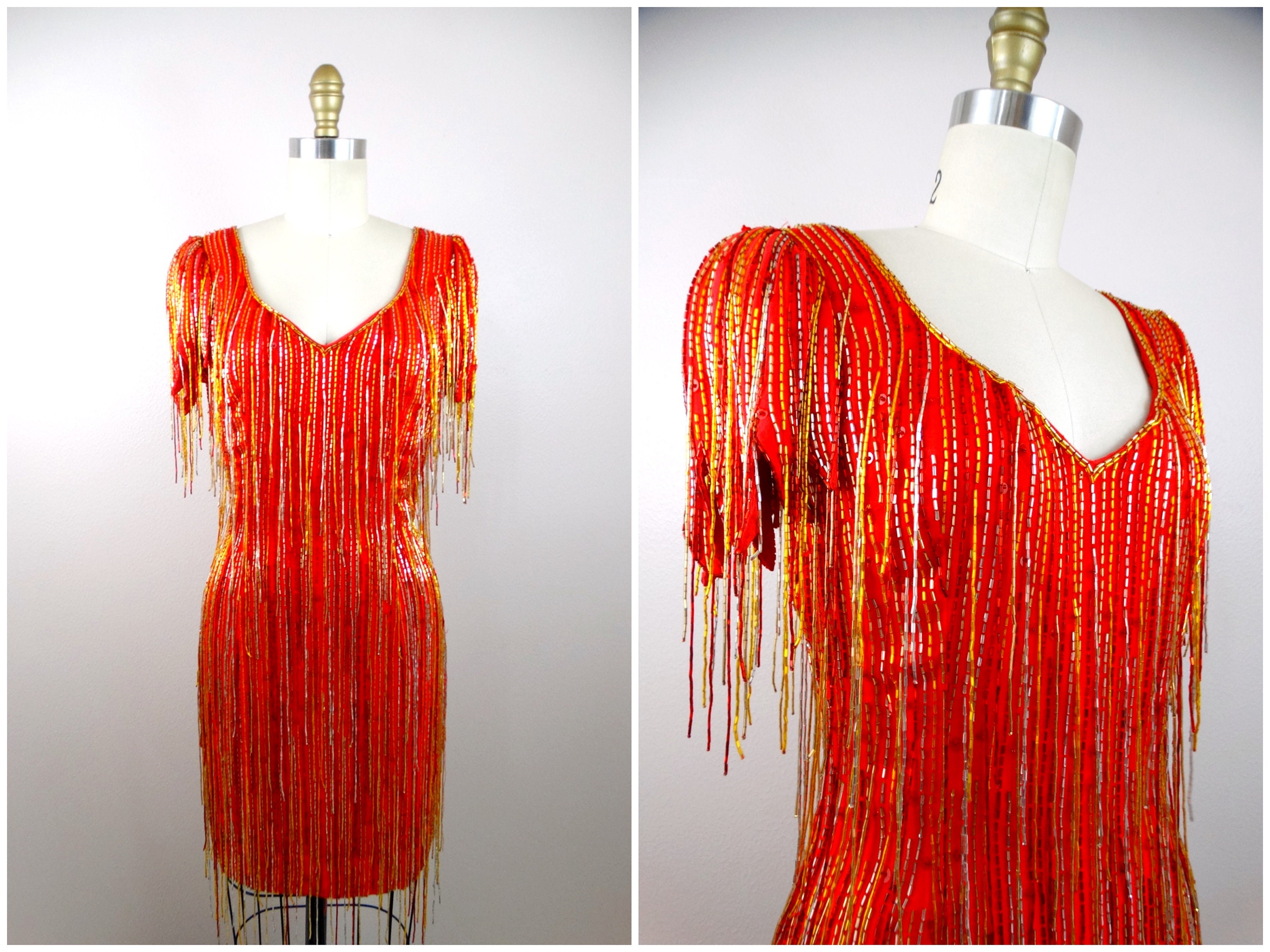 80s 90s All Over Fringe Beaded Dress / Red and Gold Couture Cocktail ...