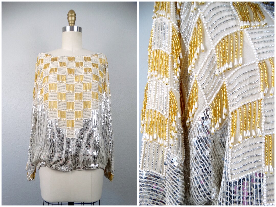 70s Fringe Beaded Top / Gold and Mirror Silver Sequin Top - Etsy