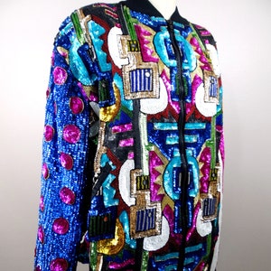 RARE Vintage Jewel Tone Sequined Jacket // Bright Blue and Pink Polka ...