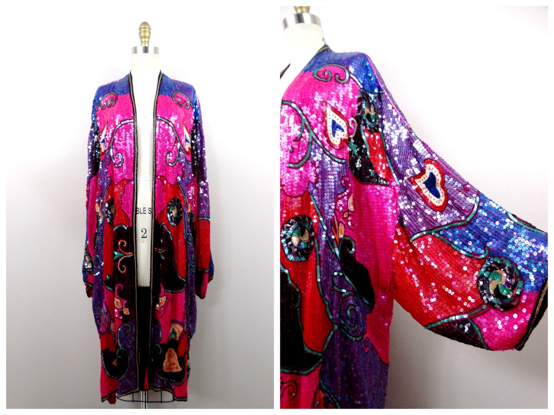 SPARKLING Hearts Sequin Duster / Pink Purple & Red Sequined Long Jacket ...
