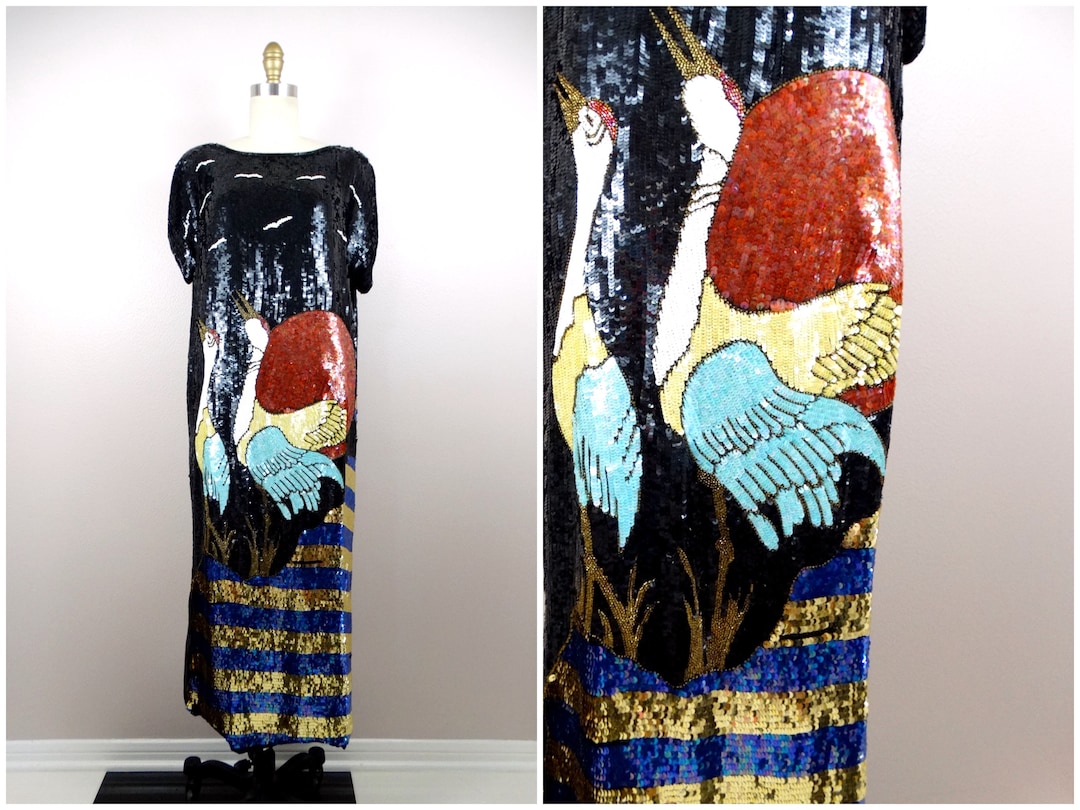 RARE Art Deco Sequin Dress / Abstract Beach Scene Sequined Beaded Dress ...