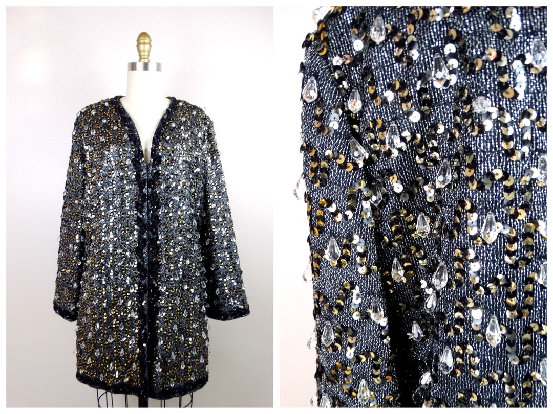HEAVY Teardrop Clear Beaded Evening Coat / 1970s Vintage Black and Gold ...