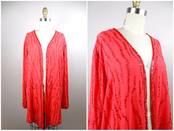 Plus Size Coral Pink Beaded Duster / Women's Sheer Em… - Gem