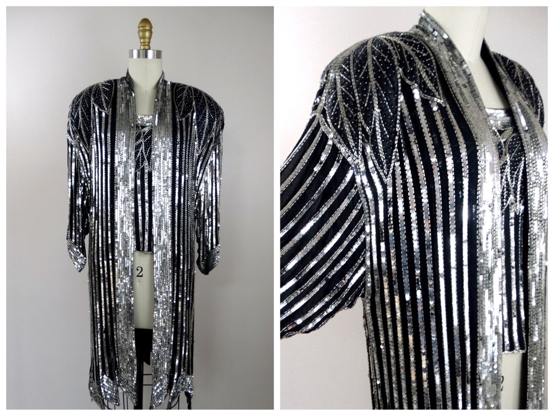 VTG Beaded Silk Sequined Kimono and Top / Black and Silver Sequin ...