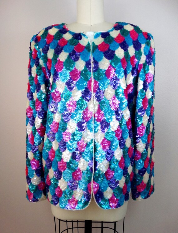 Mermaid Scales Sequin Jacket / Bright White Pink Blue… - Gem