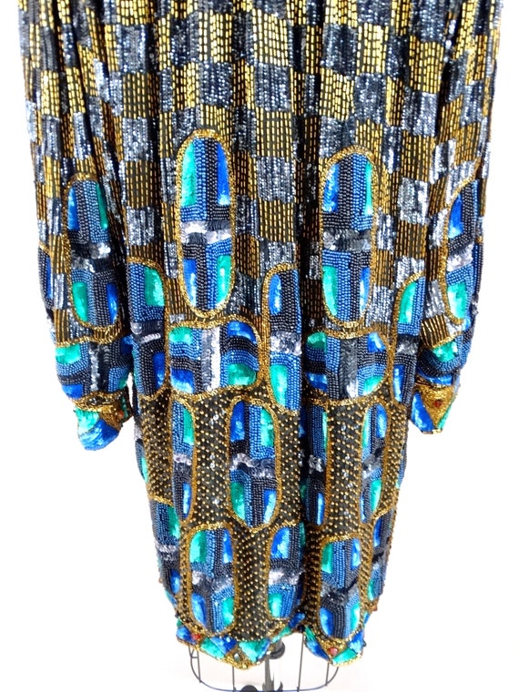 HEAVY Gold Beaded Long Jacket / 80s Checkered Turquoi… - Gem