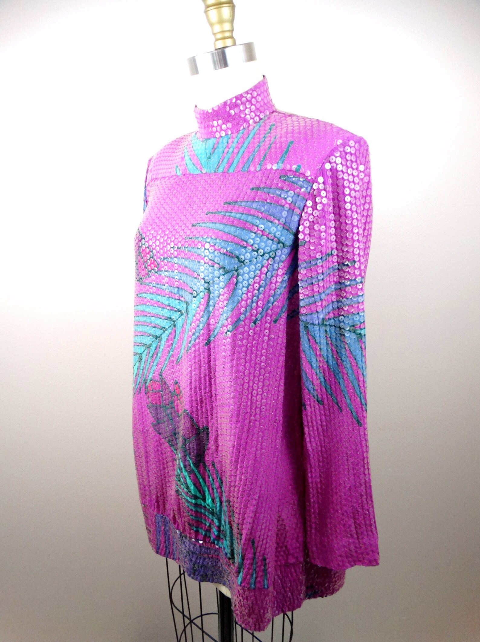 70s 80s Exotic Palms Sequin Top / 1970's Tropical Floral Top W/ Open ...