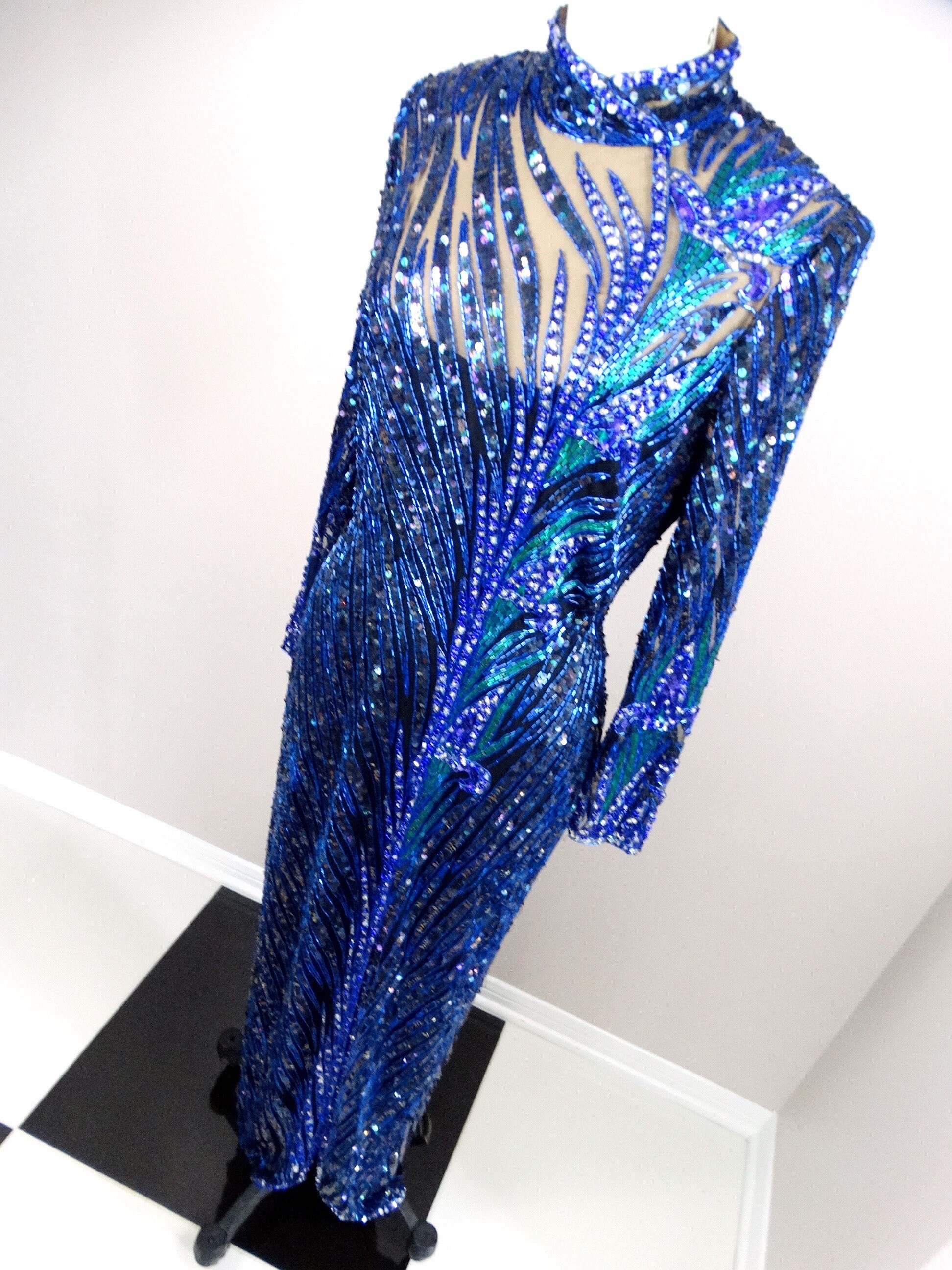 Bob Mackie Crystal Beaded Evening Gown // Royal Blue and Teal Green ...