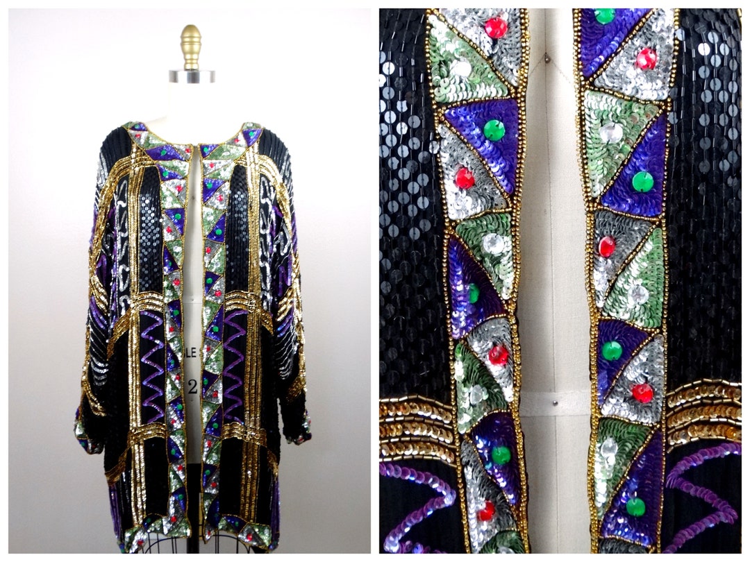 VTG Glam Jewel Beaded Long Jacket // Black Silver Purple and Gold ...