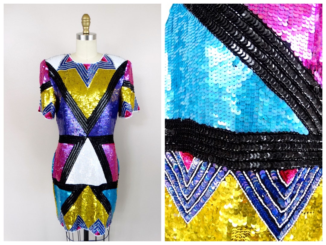 Colorblock Sequin Dress / Colorful Vintage Sequined Dress / Bright ...