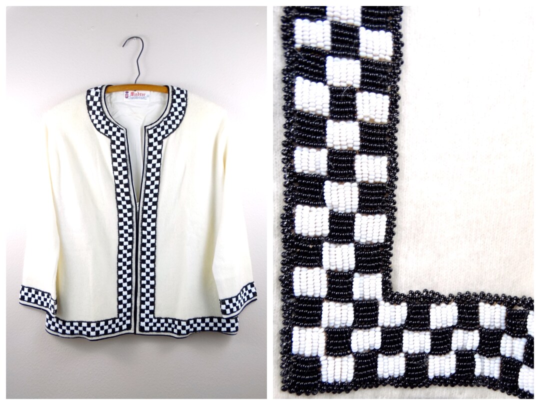 50s 60s Retro Beaded Checker Wool Cardigan / Black & White Checkerboard ...