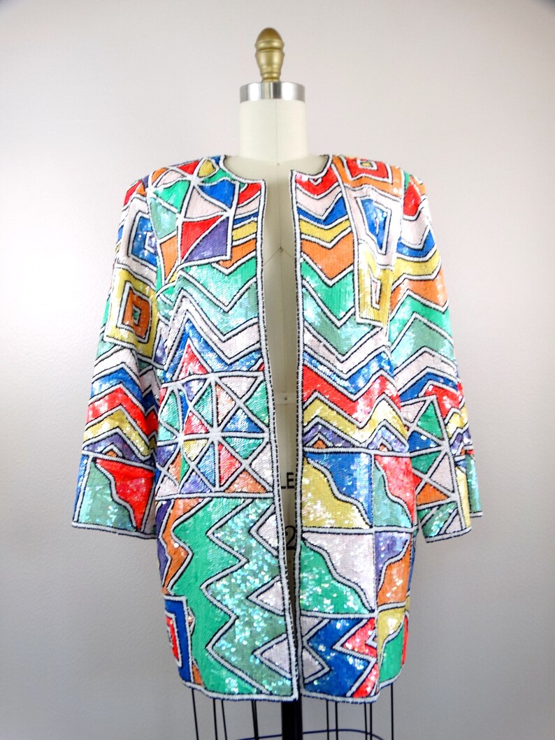 NEON Glam Sequined Beaded Jacket / Bright Color Block Novelty - Etsy