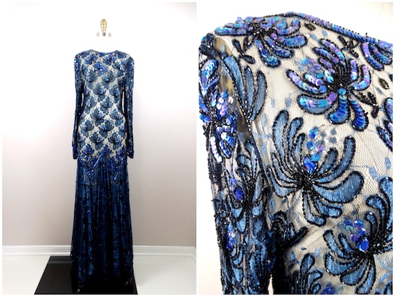 70s 80s Sequin Embellished Sheer Gown // Completely S… - Gem