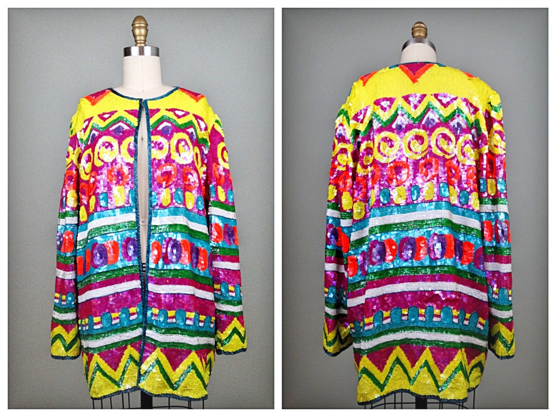 ELECTRIC Neon Sequin Jacket / 80s GLAM Pop Art Deco Bright Sequined ...