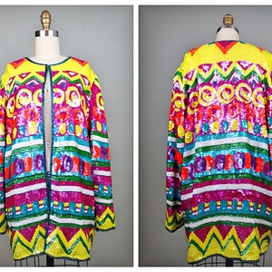 ELECTRIC Neon Sequin Jacket / 80s GLAM Pop Art Deco Bright Sequined ...