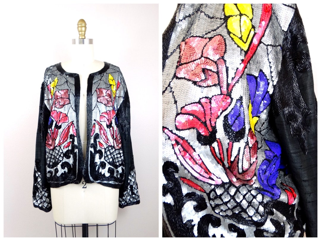 L/XL Mosaic Sequin Jacket / Art Deco Abstract Floral Jacket / Silk ...