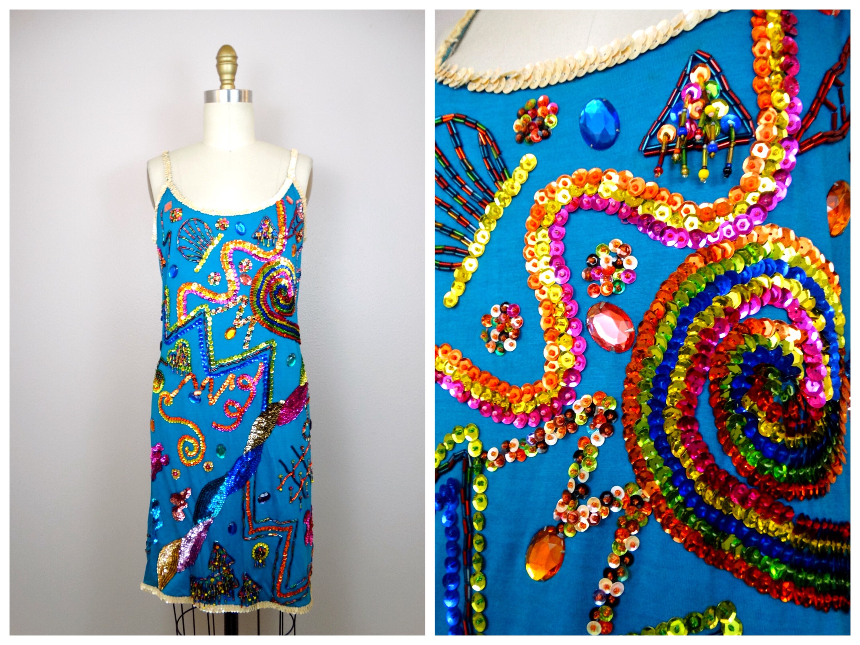 RARE Stretchy Hand Beaded Dress ‣ Funky Retro 80s 90s Y2k RARE Stretchy Hand Beaded Dress ‣ Funky Retro 80s 90s Y2k