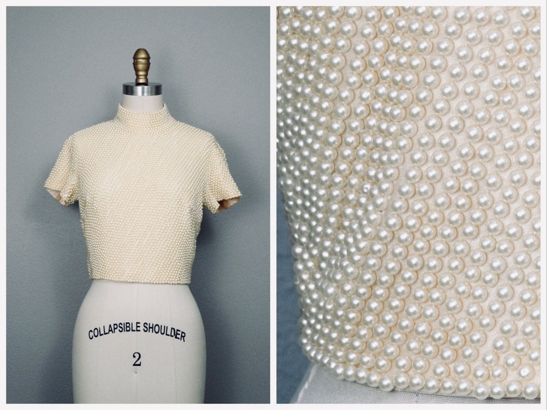RARE Ivory Pearl Beaded Crop Top // HEAVILY Embellished Top W/ Faux ...