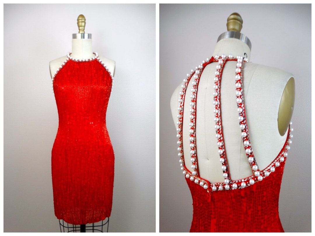All Beaded Pearl Back Dress / Bright Red Sequined Beaded Mini - Etsy