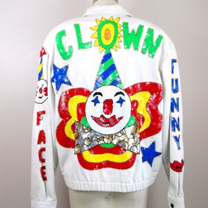 90s Circus Clown Sequined Denim Jacket // Funny Face White Bomber ...