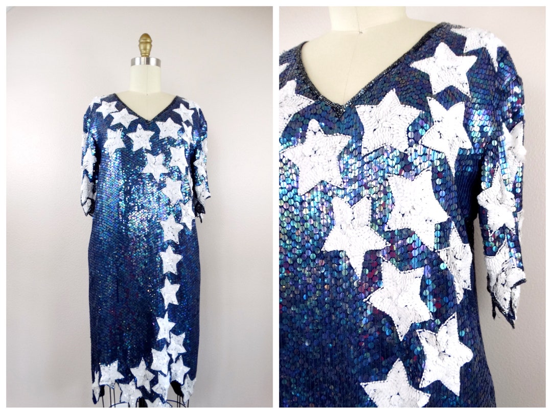 Retro Sequin Dress / 80's Vintage White Navy Blue Star Dress - Etsy