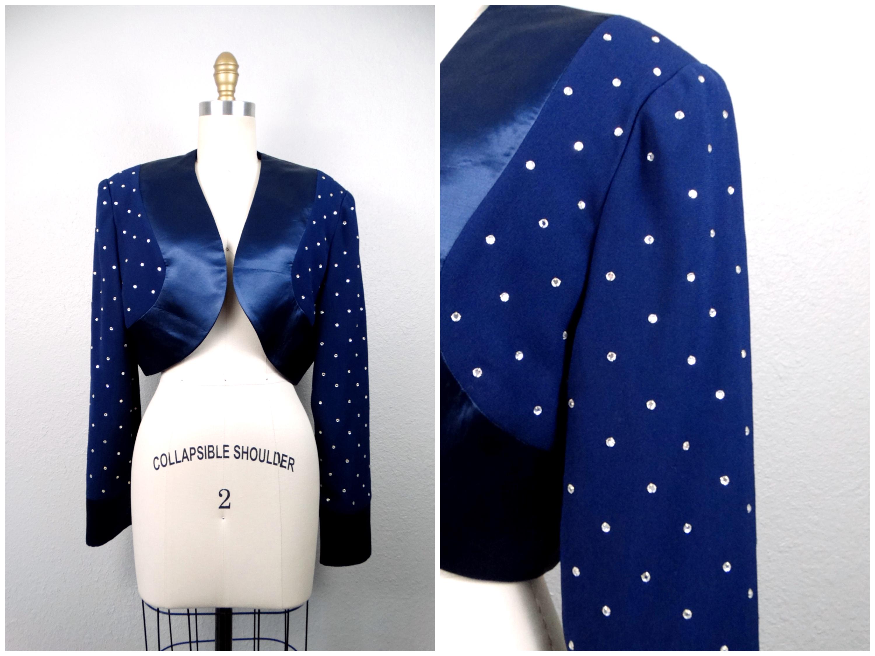 80s 90s Rhinestone Embellished Navy Bolero / Crystal Encrusted Dark ...