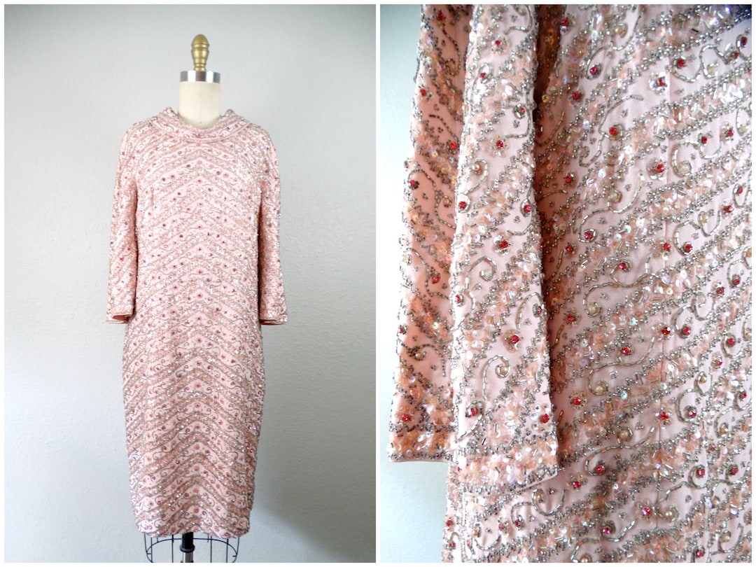 50s 60s Jeweled Rhinestone Dress ‣ Pastel Rose Pink 1950’s 1960’s ...