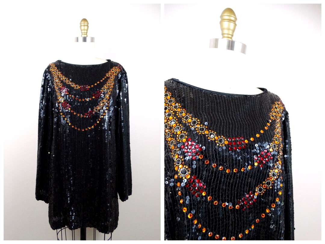 Crystal Encrusted Sequin Tunic Top // Sparkly Vintage Rhinestone Beaded ...