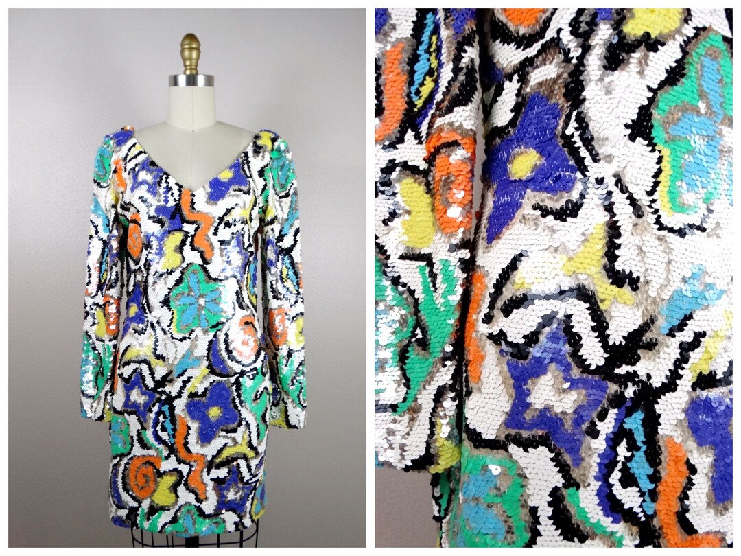 M/L Long Sleeve Sequin Mini Dress / Pastel Abstract Floral Dress ...