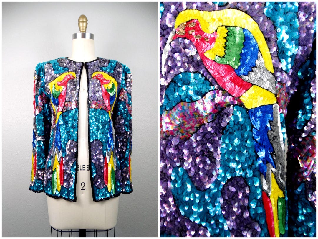 Vintage Sequin Parrot Jacket - Rainbow Exotic Bird Cardigan (XS/S) - Etsy